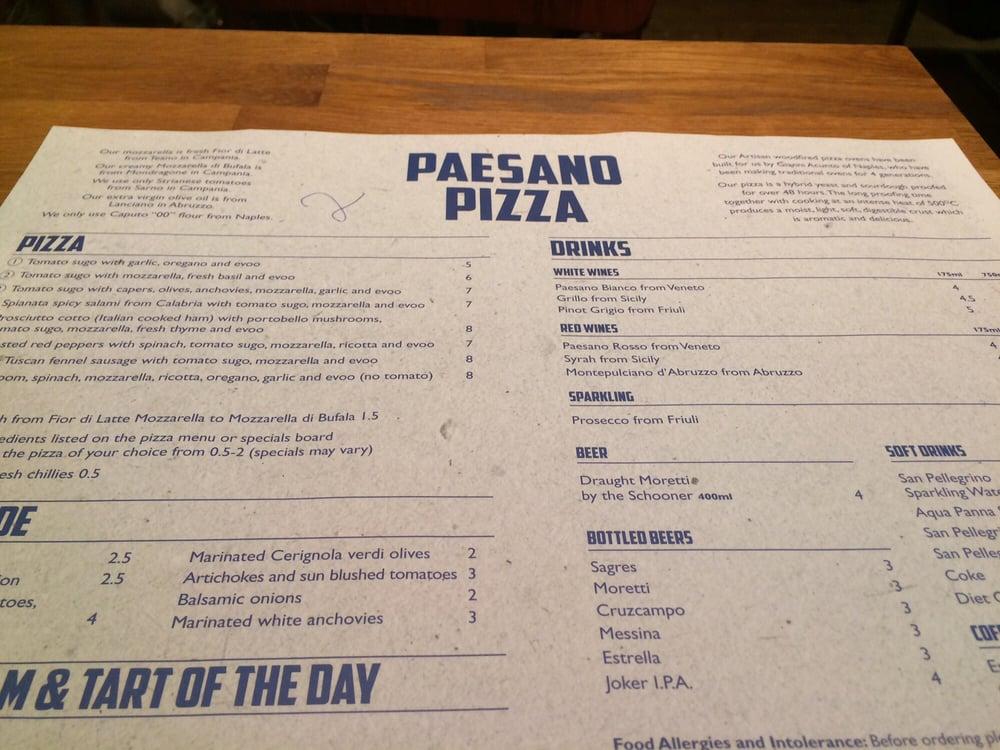 Menu at Paesano Pizza pizzeria, Glasgow, 94 Miller St
