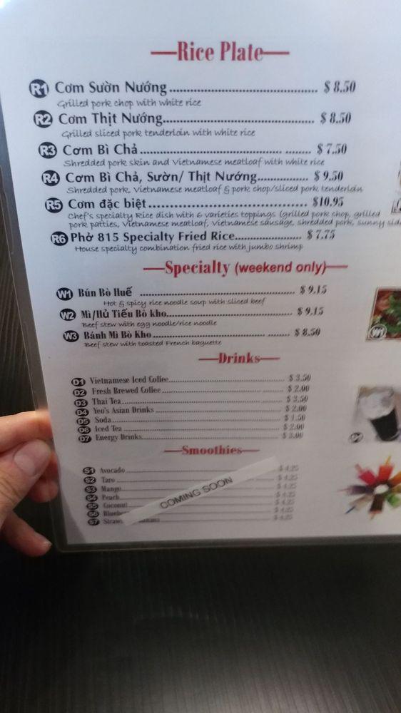 Menu at Pho 815 restaurant, Rockford, E State St