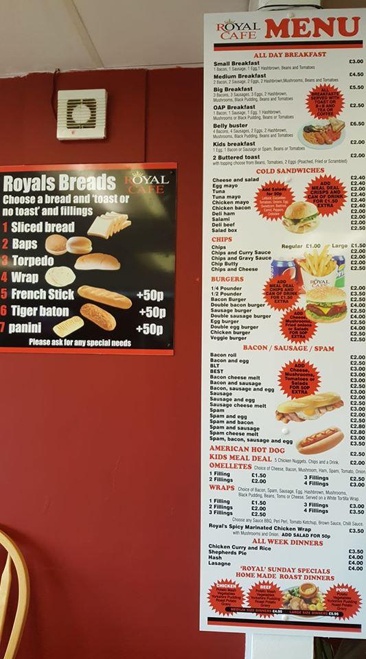Menu at Royal Cafe, Barnsley