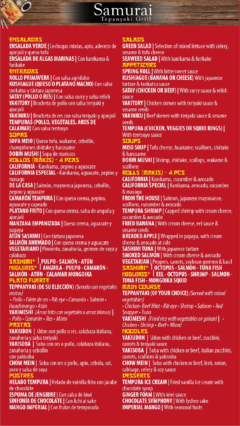 Menu at Samurai Tepanyaki Grill restaurant, Cancún