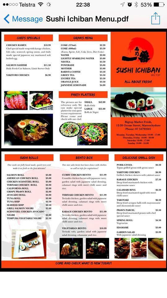 Menu at Sushi Ichiban Bigtop restaurant, Maroochydore