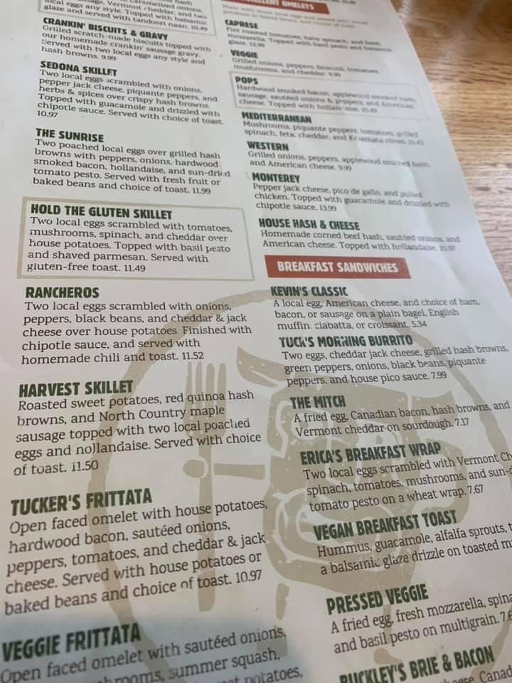 Menu at Tucker's restaurant, Concord