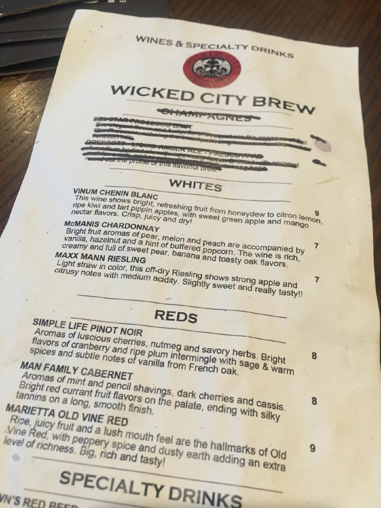 Menu at Wicked City Pub, Jerome