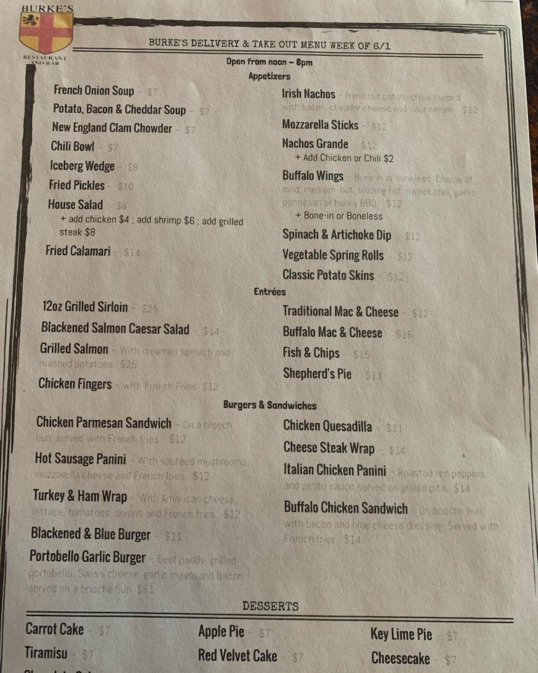 Menu at Burkes Restaurant and Bar, Yonkers