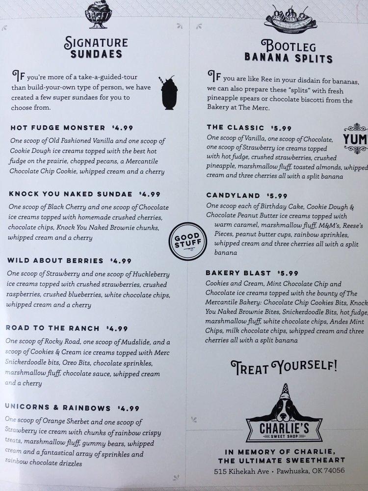 Menu at Charlie's Sweet Shop, Pawhuska