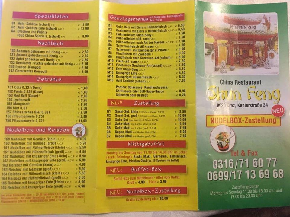 Menu at China-Restaurant Shun Feng, Graz