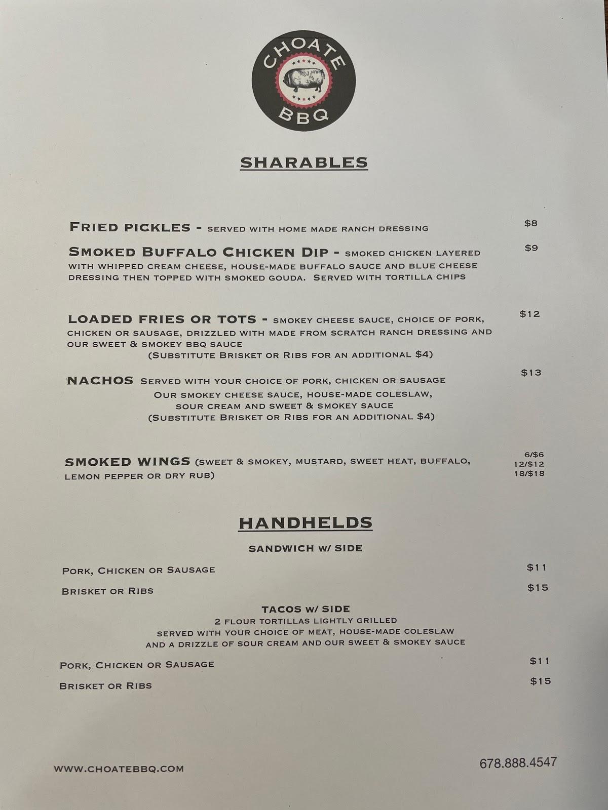 Menu at Choate BBQ, Ball Ground