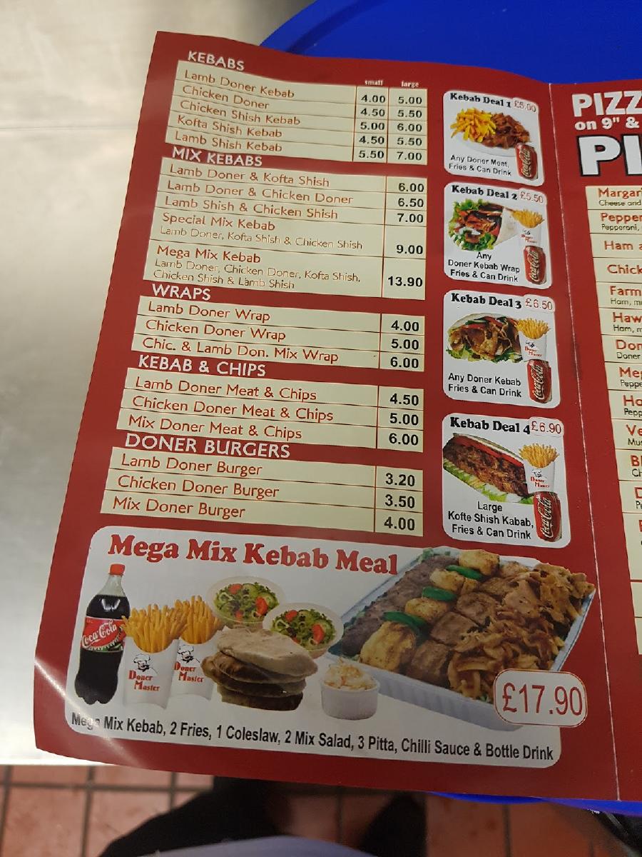 Menu at Doner Master pizzeria, Mountsorrel, 4 King St