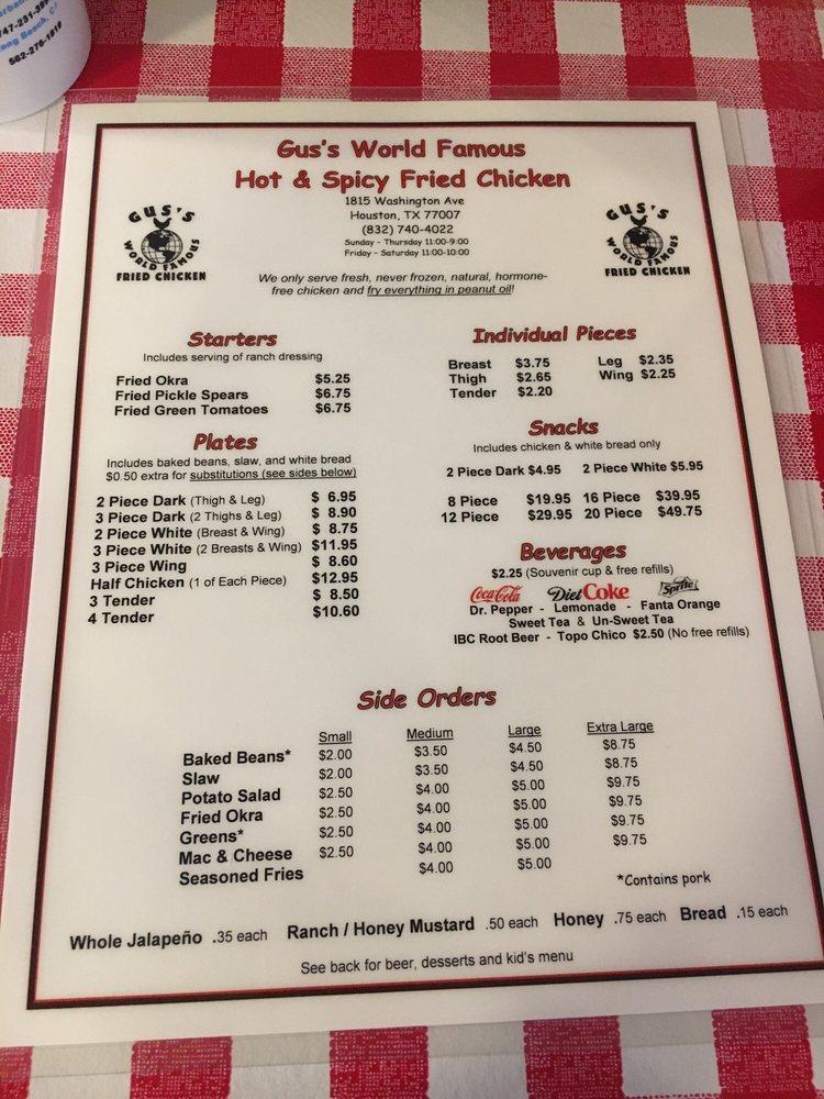 Menu at Gus's World Famous Fried Chicken restaurant, Houston ...