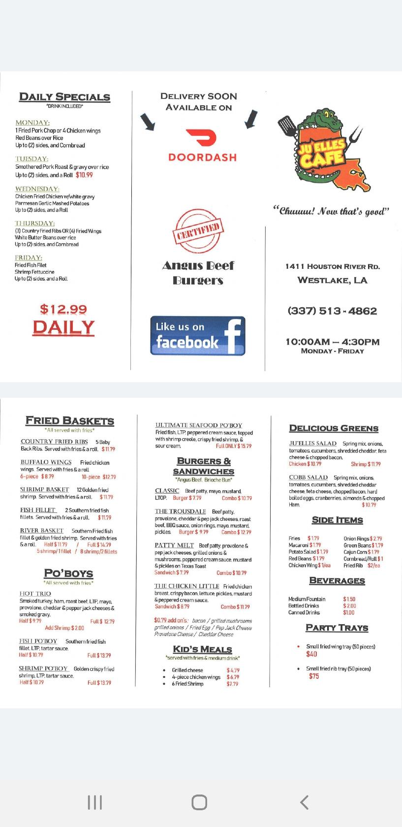 Carta de Ju'elles Cafe, Westlake