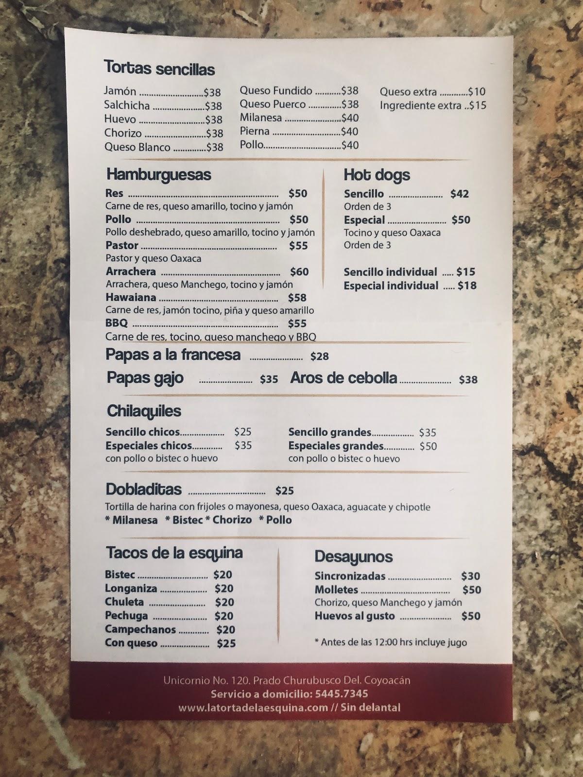 Menu at La Torta restaurant, Mexico City, Unicornio 120
