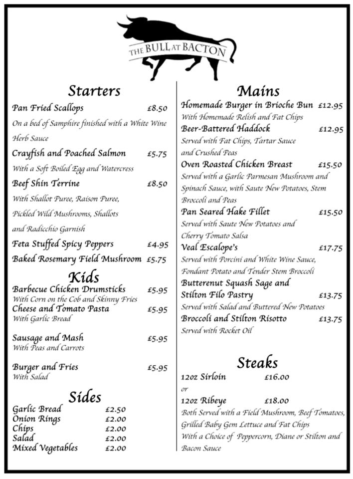 Menu at The Bull Inn pub & bar, Bacton