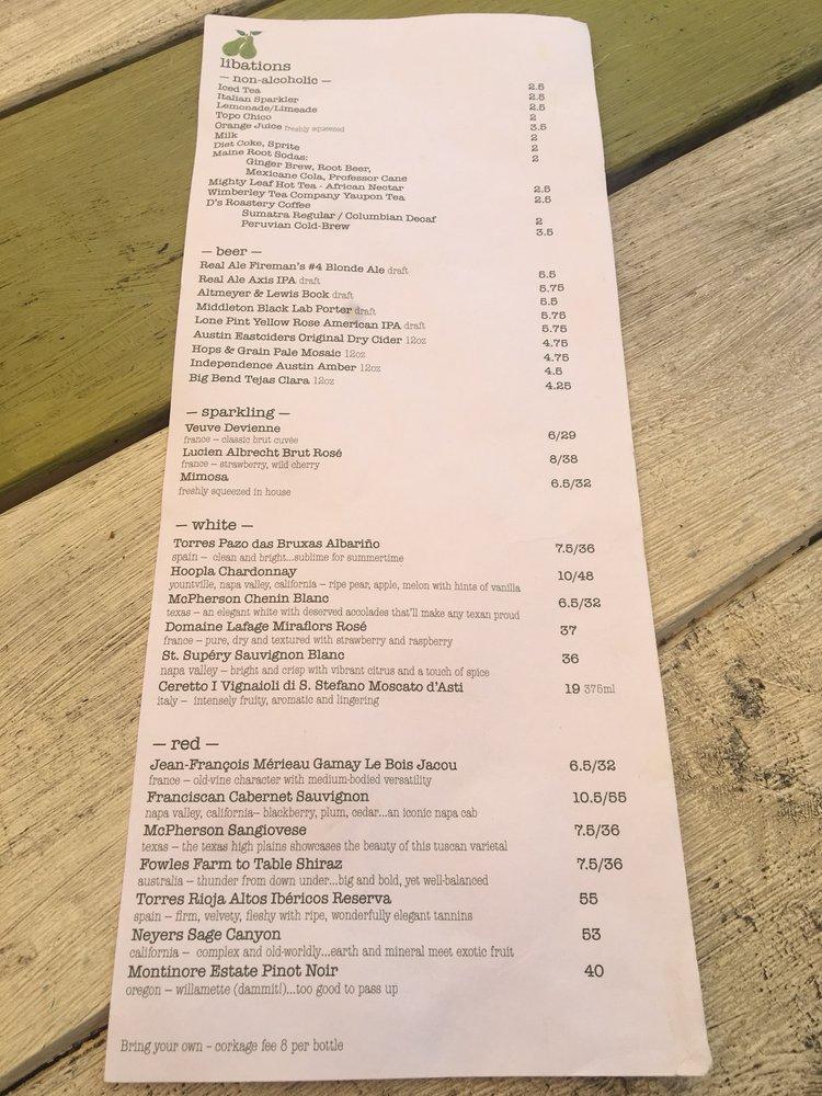 Menu at The Leaning Pear pizzeria, Wimberley
