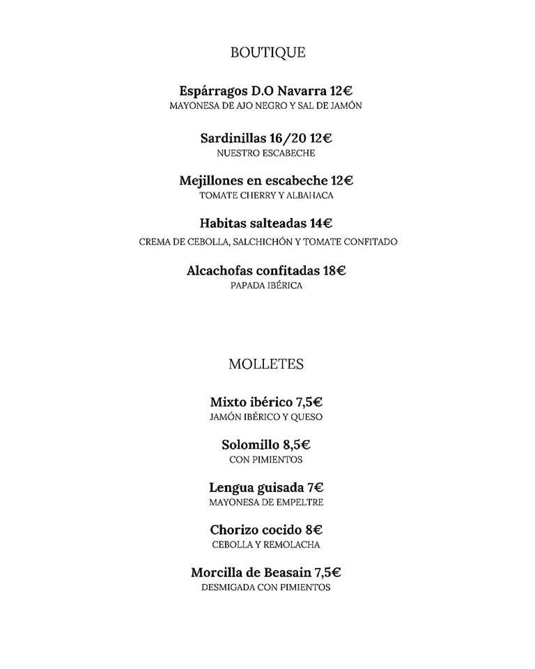 Menu at Altuna Boutique Bar, San Sebastián