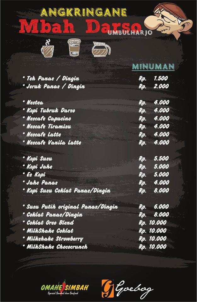 Menu at Angkringan Mbah Darso restaurant, Yogyakarta, Janturan