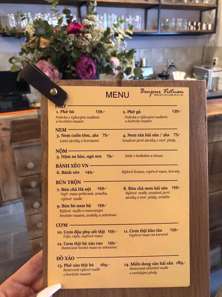 Menu at Bonjour Vietnam restaurant, Brno