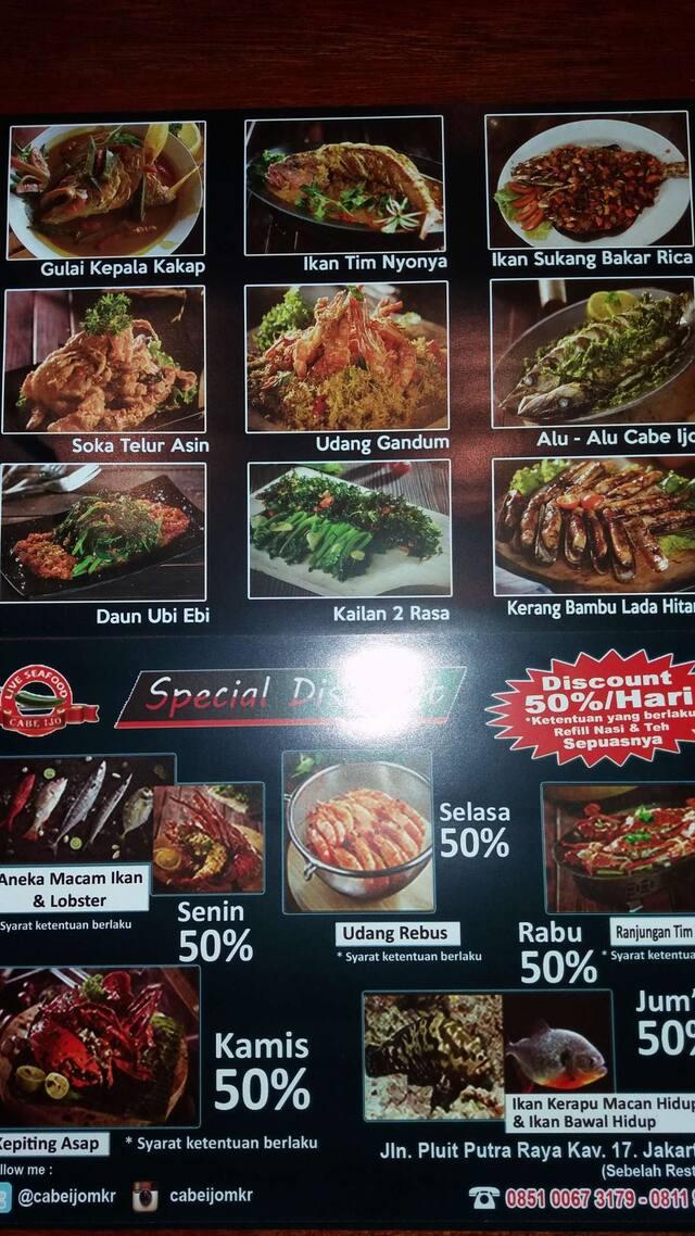 Menu at Cabe Ijo restaurant, Jakarta, Jl. Pluit Putra No.17