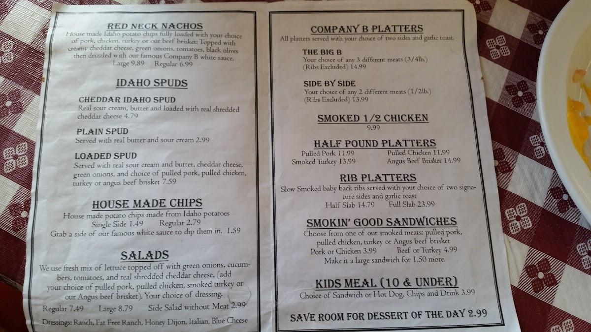 Menu at Company B Bbq, Byrnes Mill