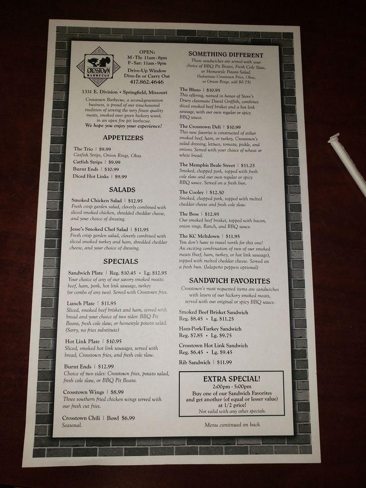 Menu at Crosstown Barbecue, Springfield