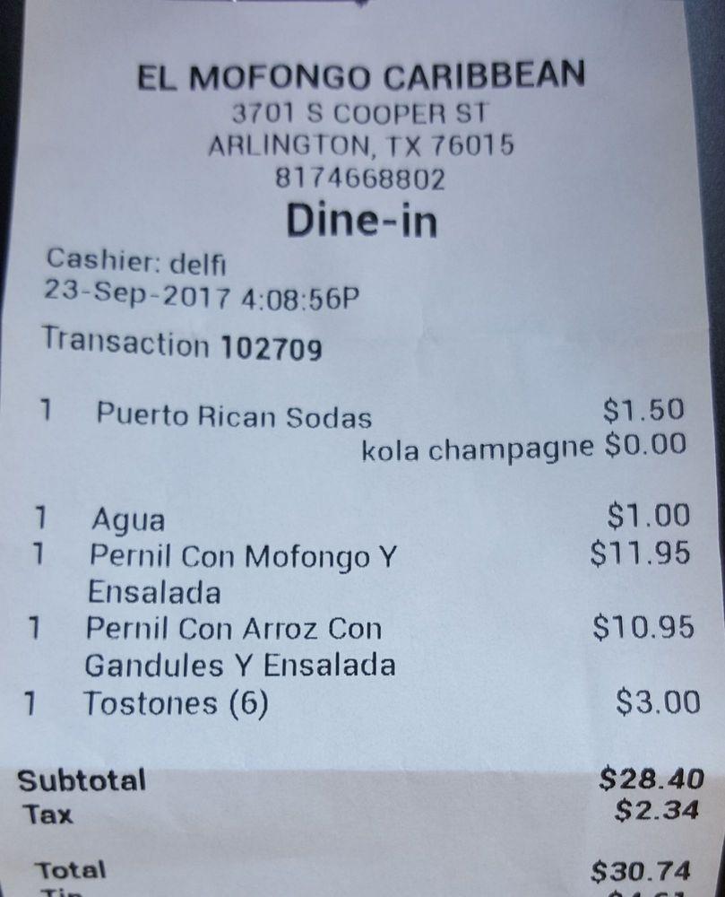 Menu at El Mofongo Restaurant, Arlington