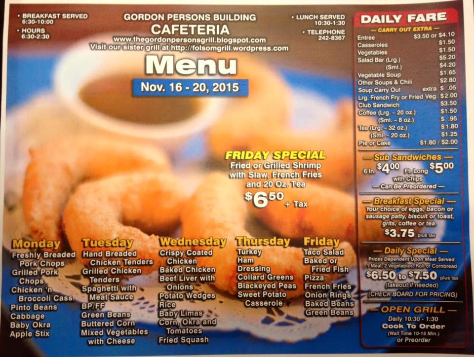 Menu at Gordon Persons Grill cafeteria, Montgomery