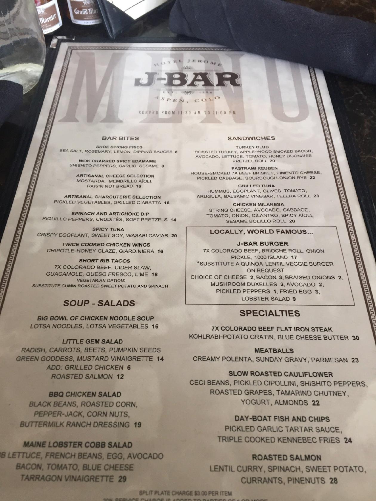 Menu at J-Bar, Aspen