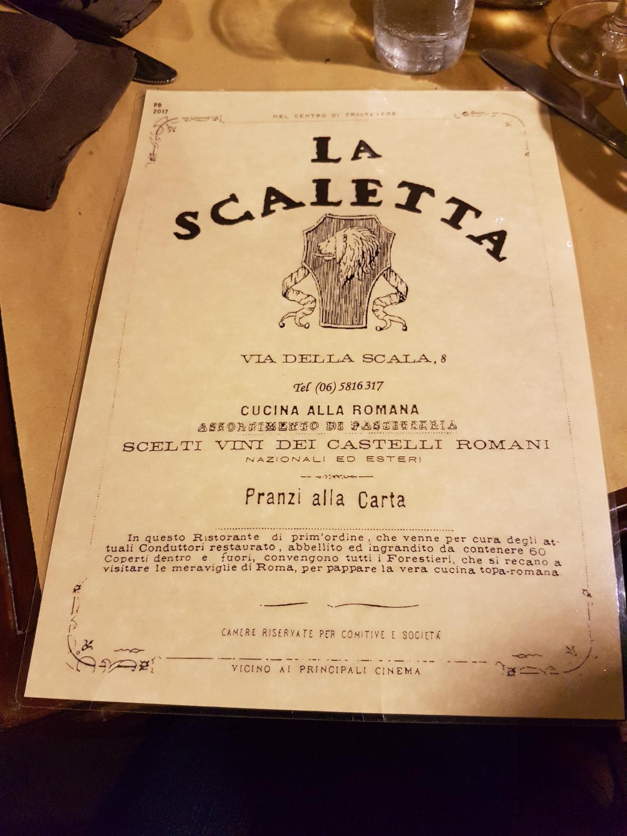Menu da La Scaletta ristorante, Roma, Via della Scala