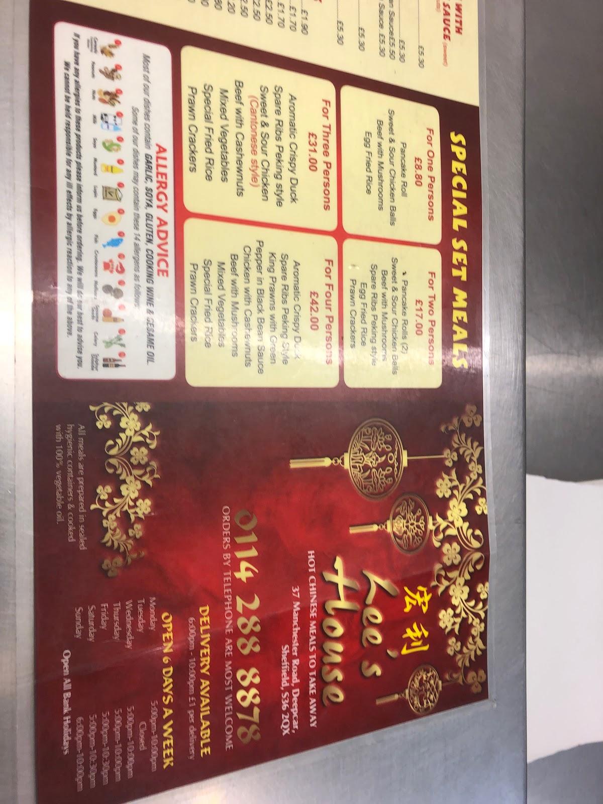 Menu at Lee's House restaurant, Sheffield