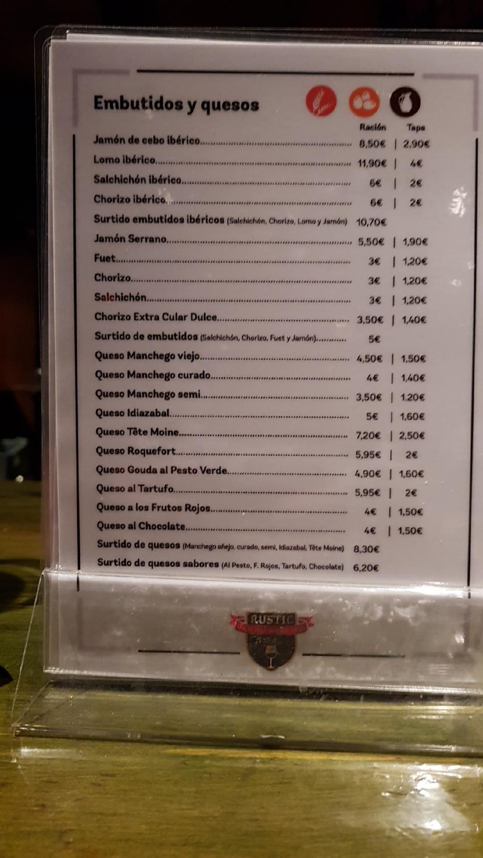 Carta del pub y bar RUSTIC ARMS, El Vendrell