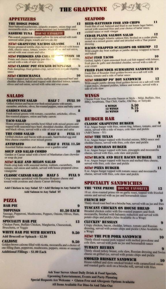 Menu at The Grapevine restaurant, Tuckerton