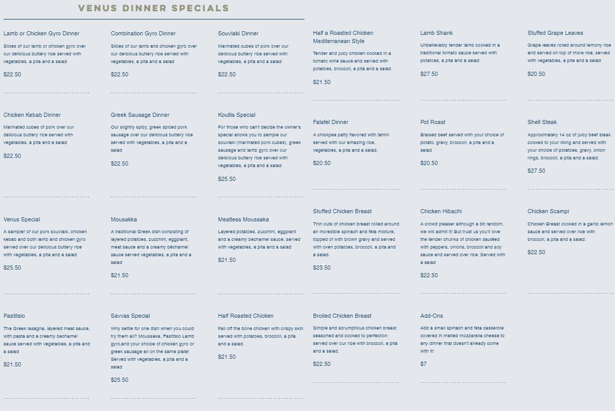 Menu at Venus restaurant, Northport