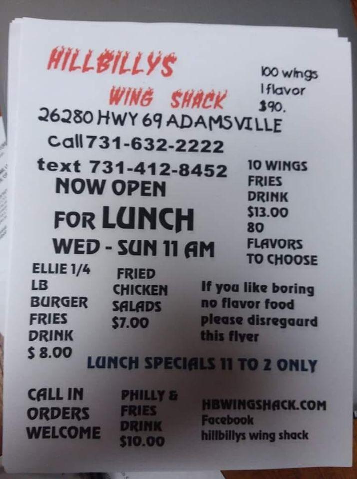 Menu at Hillbilly's Wing Shack pub & bar, Adamsville