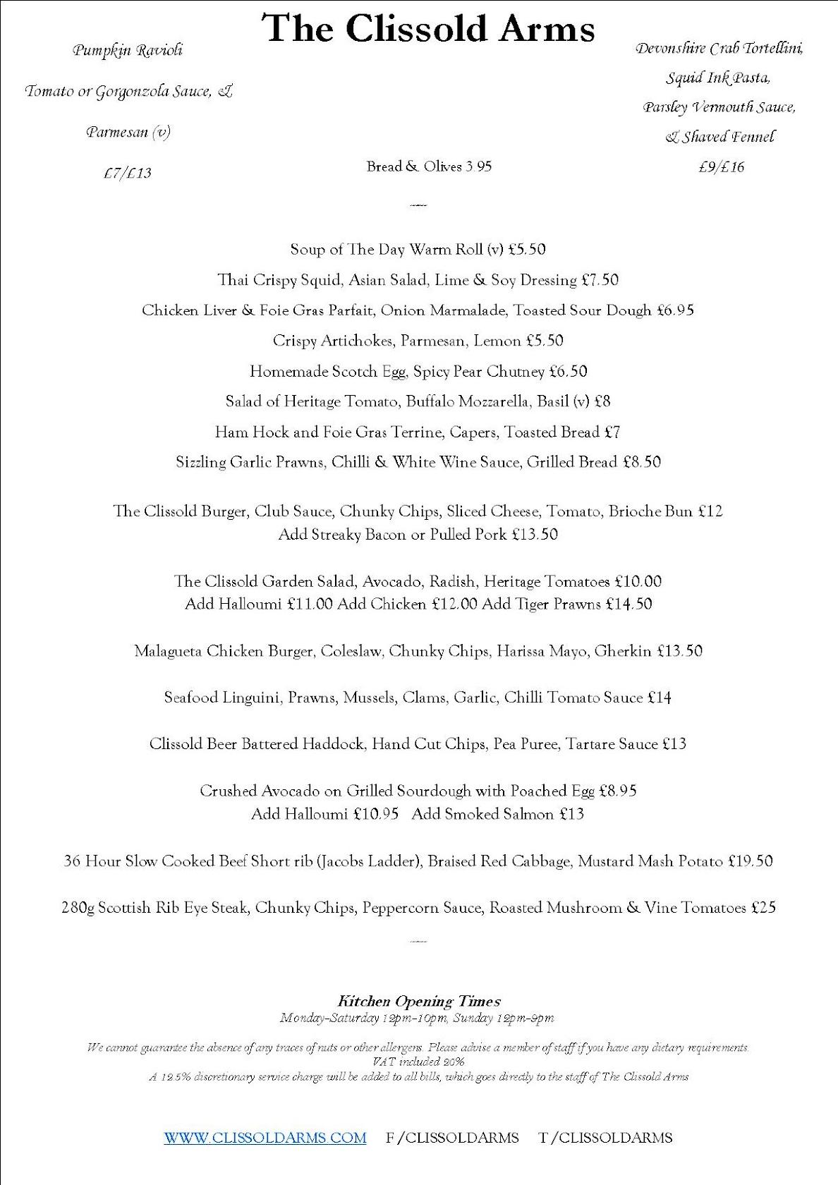 Menu at The Clissold Arms pub & bar, London
