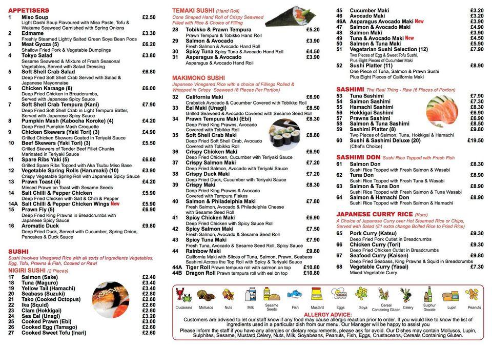 Menu at Tokyo Oysy Sushi restaurant, Beck Row