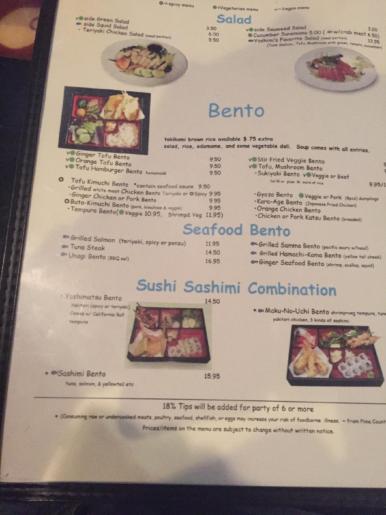 Menu at Yoshimatsu Healthy Japanese Eatery restaurant, Tucson