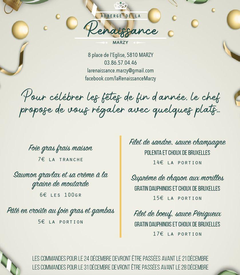 Menu au Auberge de la Renaissance restaurant, Marzy