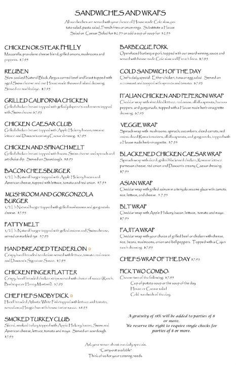 Menu at Dawson's On Main pub & bar, Speedway