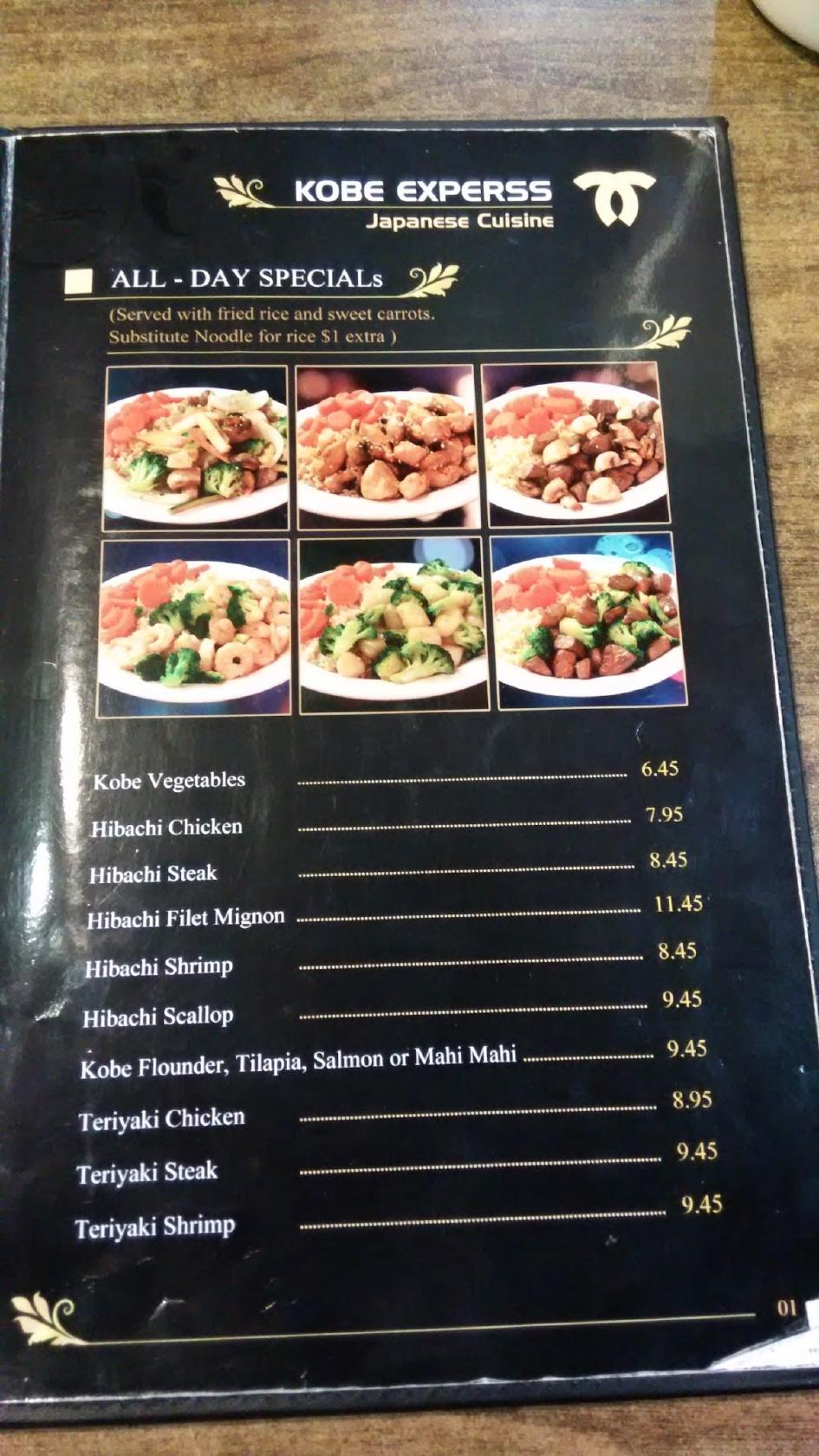 Menu at Kobe Express Japanese Cuisine restaurant, Hartwell