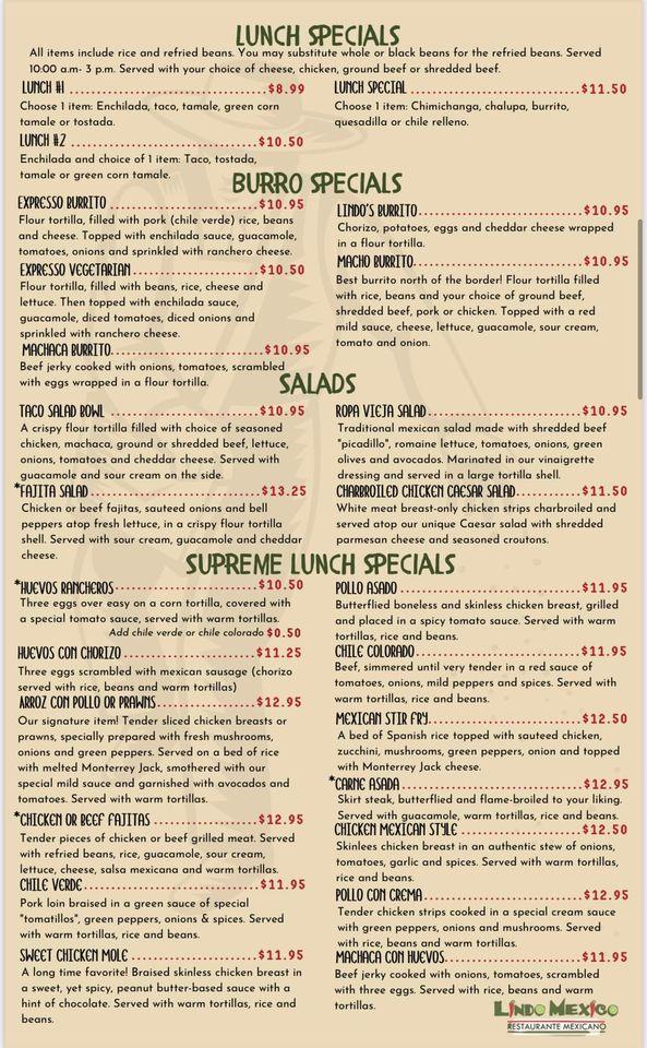 Menu at Lindo Mexico restaurant, Prescott, Gail Gardner Way #101