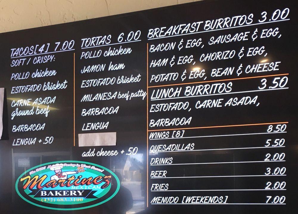Menu at Martinez Bakery, Midland