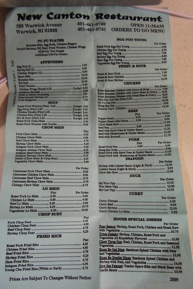 Menu at New Canton Restaurant, Warwick
