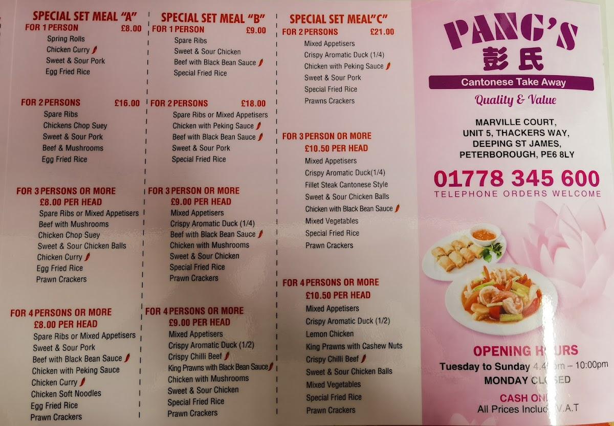 Menu at Pang's Cantonese Takeaway fast food, Peterborough
