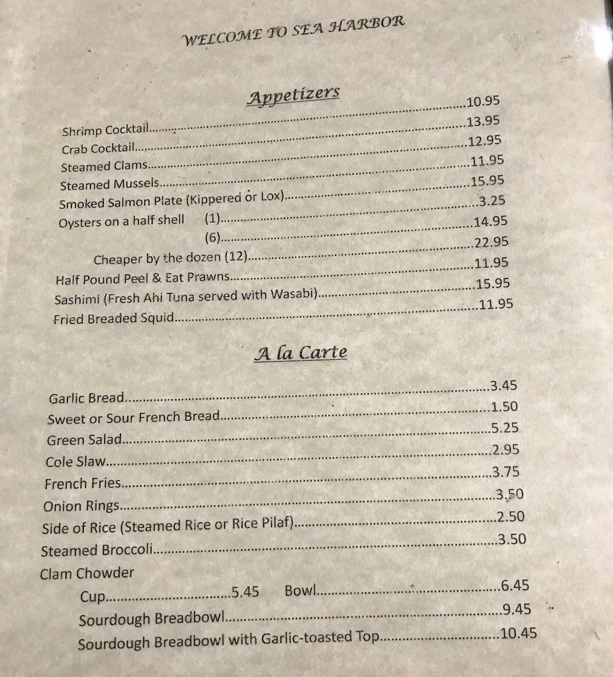 Menu at Sea Harbor Fish Market restaurant, Salinas
