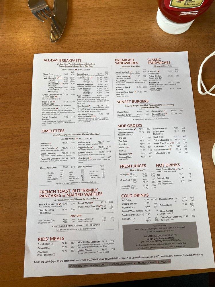 Menu at Sunset Grill restaurant, Peterborough