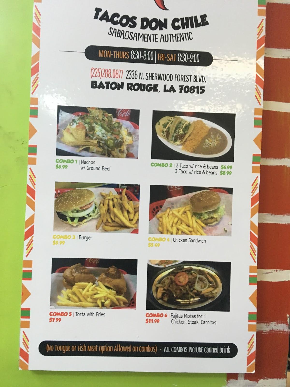 Menu at Tacos Don Chile restaurant, Baton Rouge