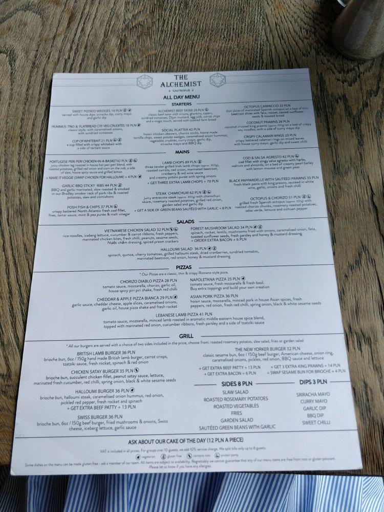 Menu at The Alchemist - Metropolitan restaurant, Warsaw