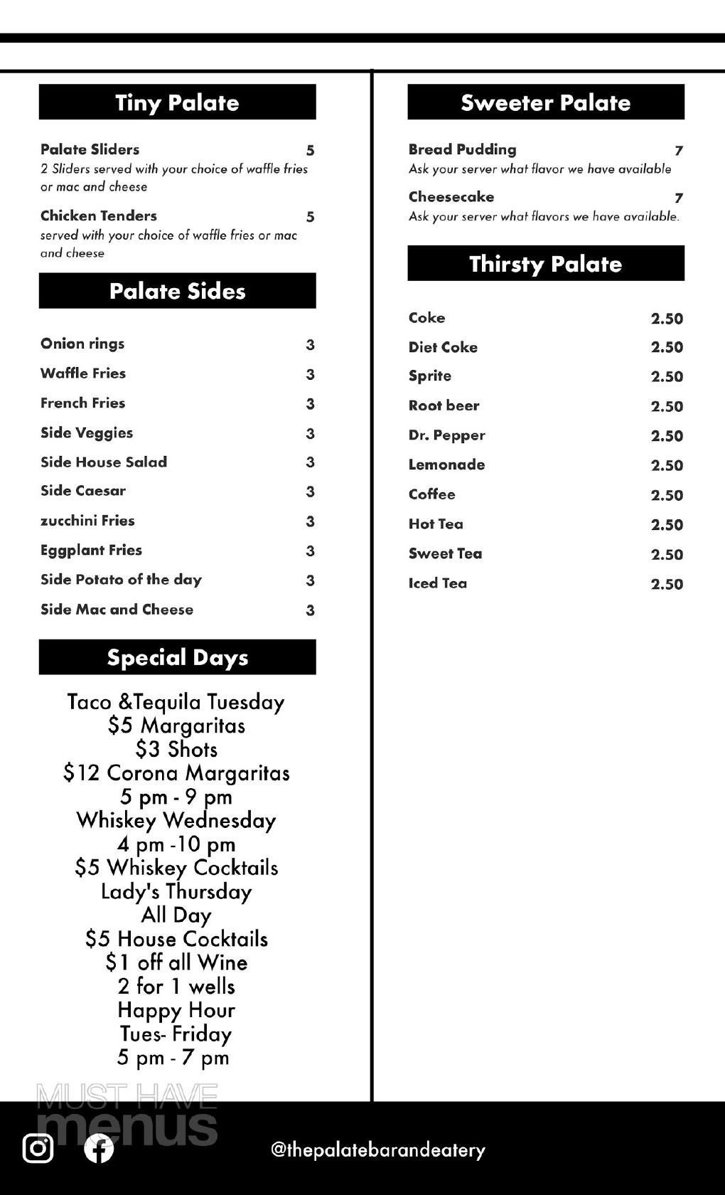 Menu at The Palate Bar & Eatery, Baton Rouge