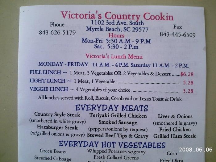 Menu at Victoria’s Country Cookin’ restaurant, Myrtle Beach