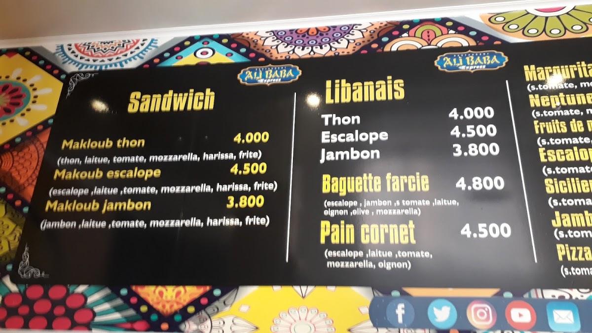 Carta del restaurante Ali Baba Express, Cité Mahrajène