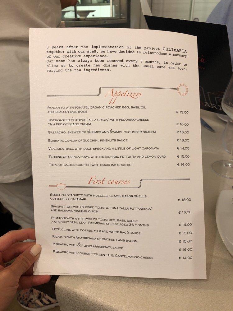 Menu at Culinaria restaurant, Rome